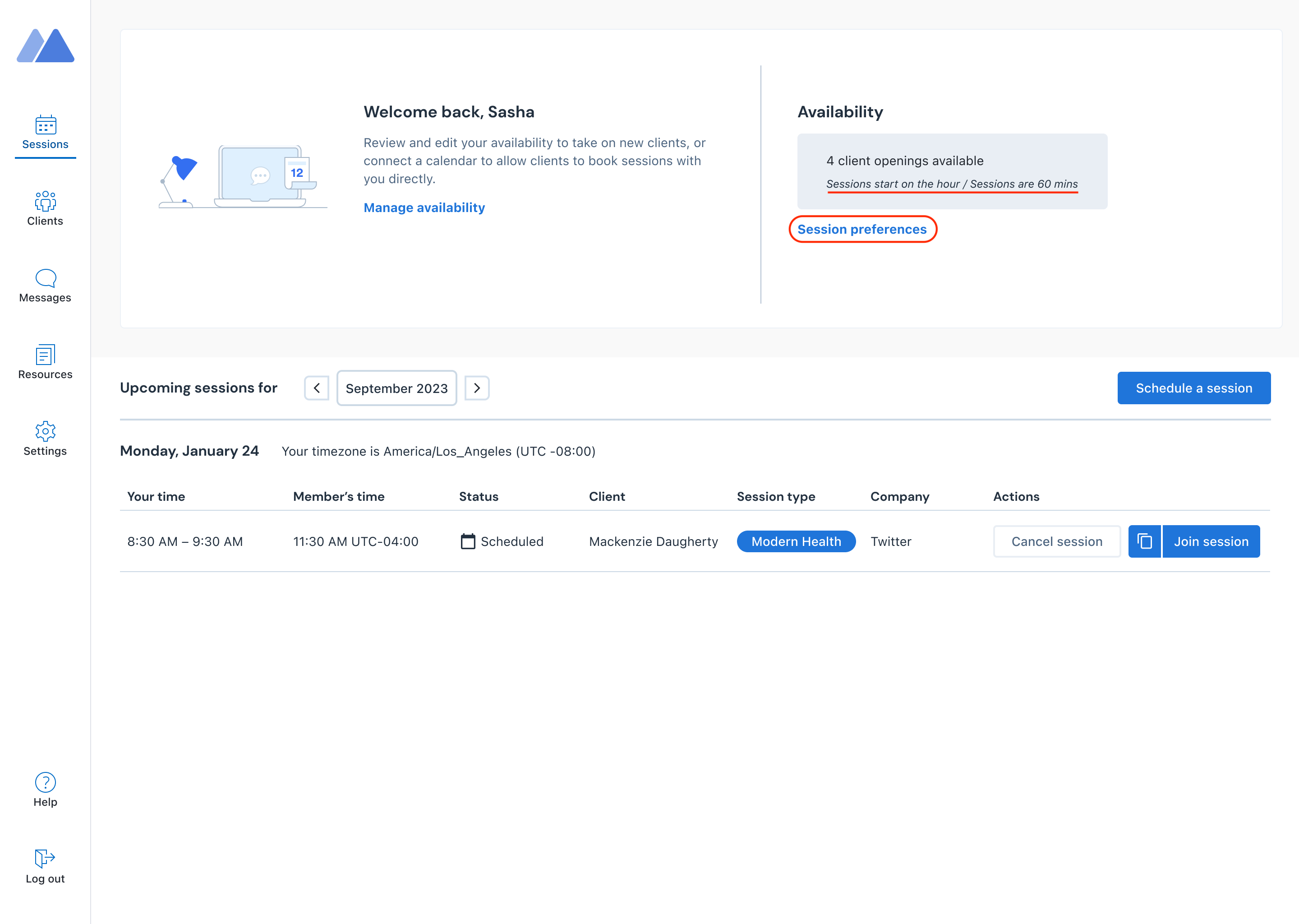 Provider Dashboard Session Preferences – Modern Health Providers