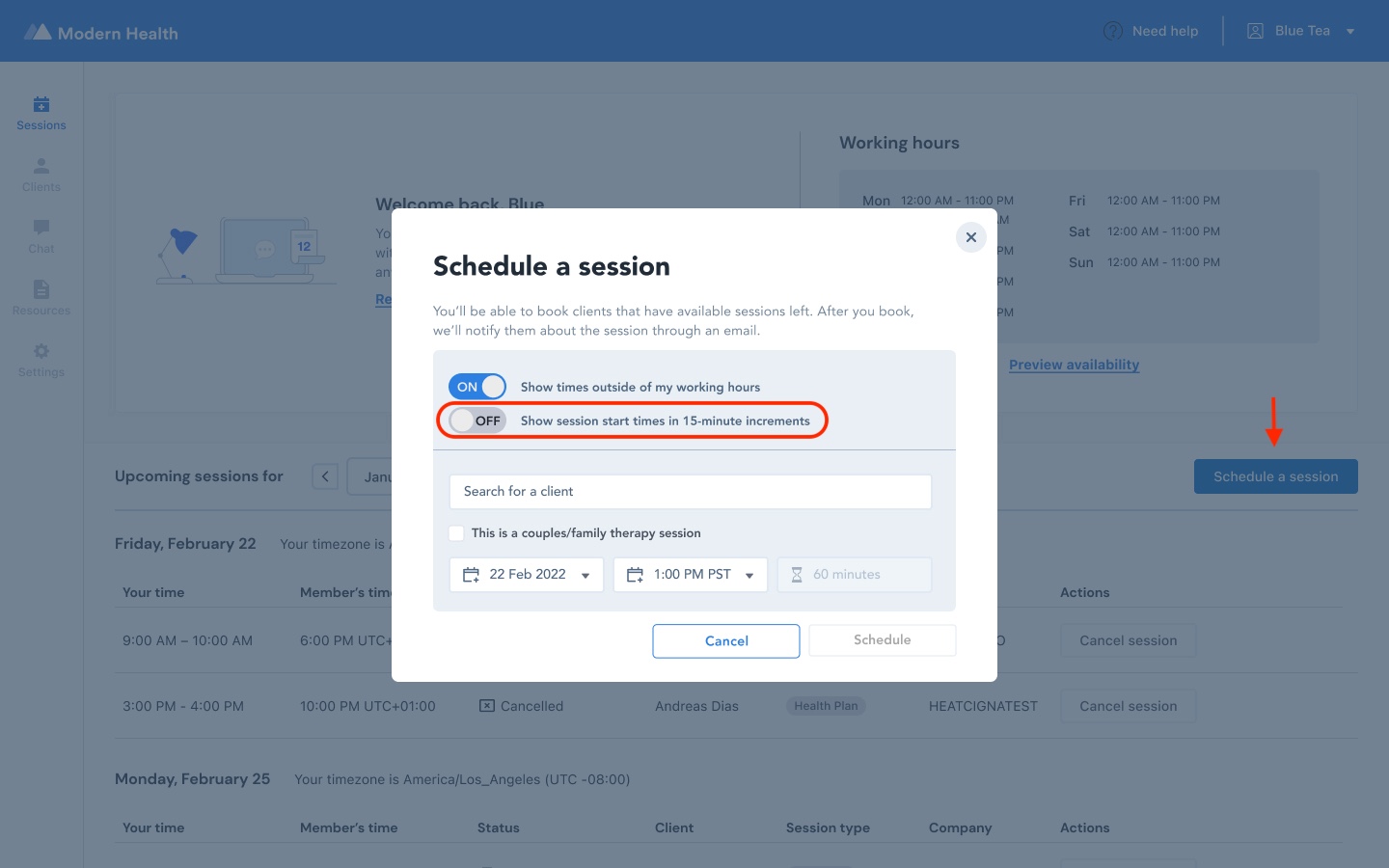 Provider Dashboard Session Preferences – Modern Health Providers