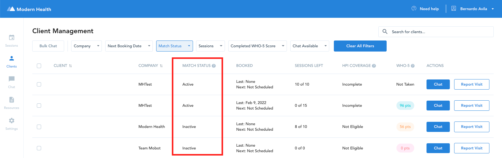 What do the client match statuses indicate? – Modern Health Providers